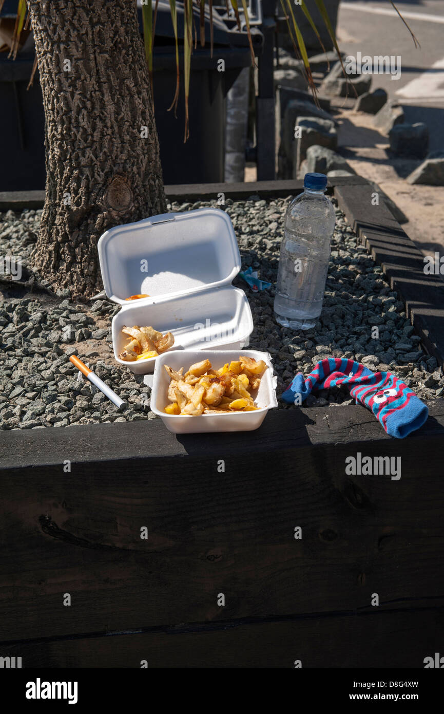 Leftover fish and chips, discarded electronic cigarette on seafront ...