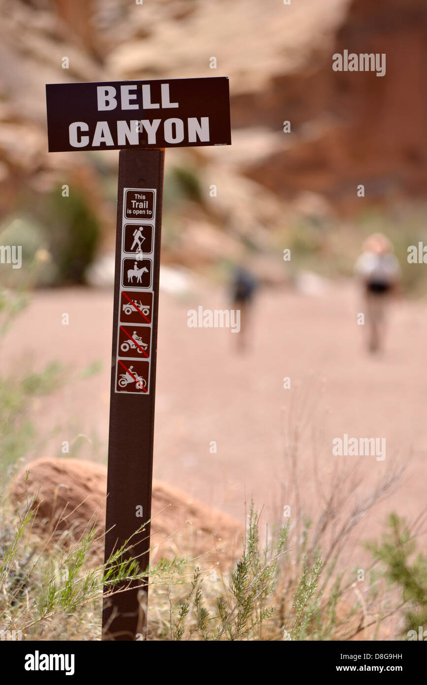 Hikers and wilderness study area sign, Bell Canyon, Utah Stock Photo ...