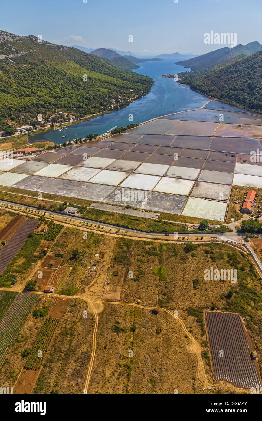Aerial helicopter photo of medieval town Ston and medieval saltern ...