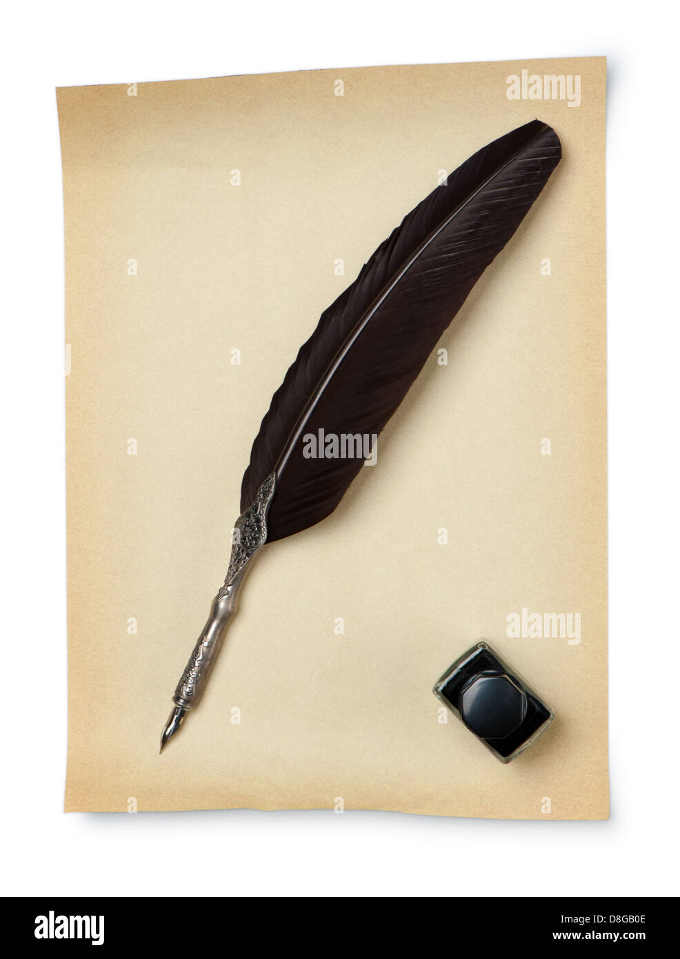 Feather quill and inkwell on an old paper Stock Photo - Alamy