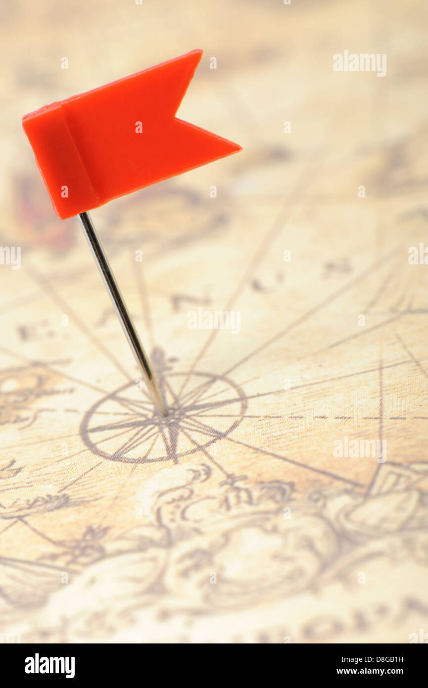 Flag red a pin on old map Stock Photo - Alamy