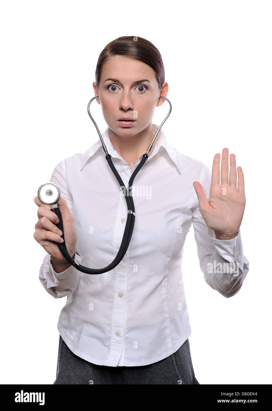 Scared doctor showing stop gesture Stock Photo - Alamy