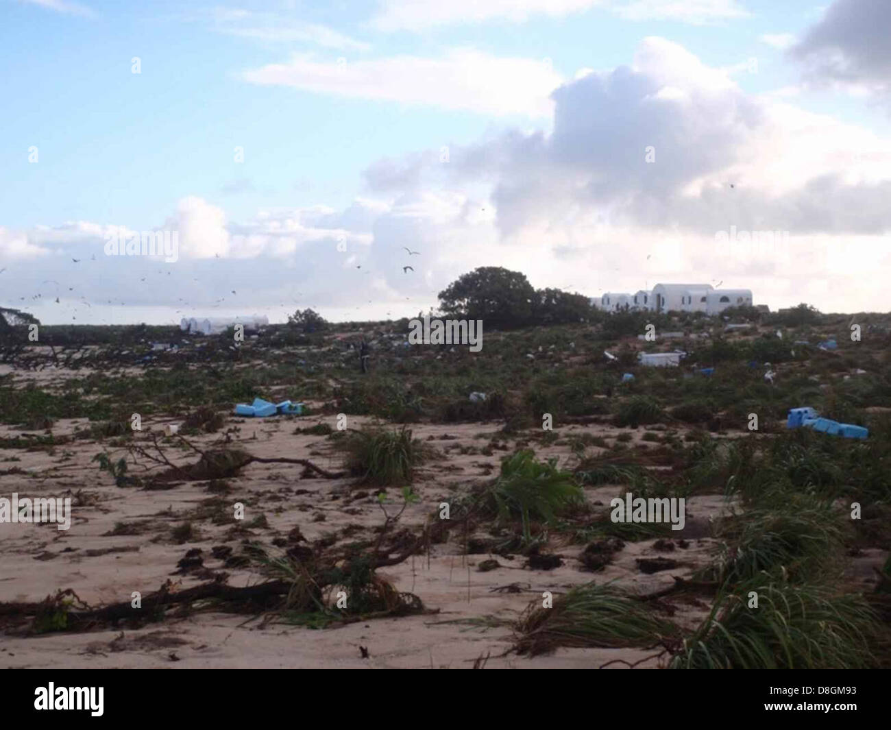 A beach island scene showing the aftermath of a tsunami, with changes ...
