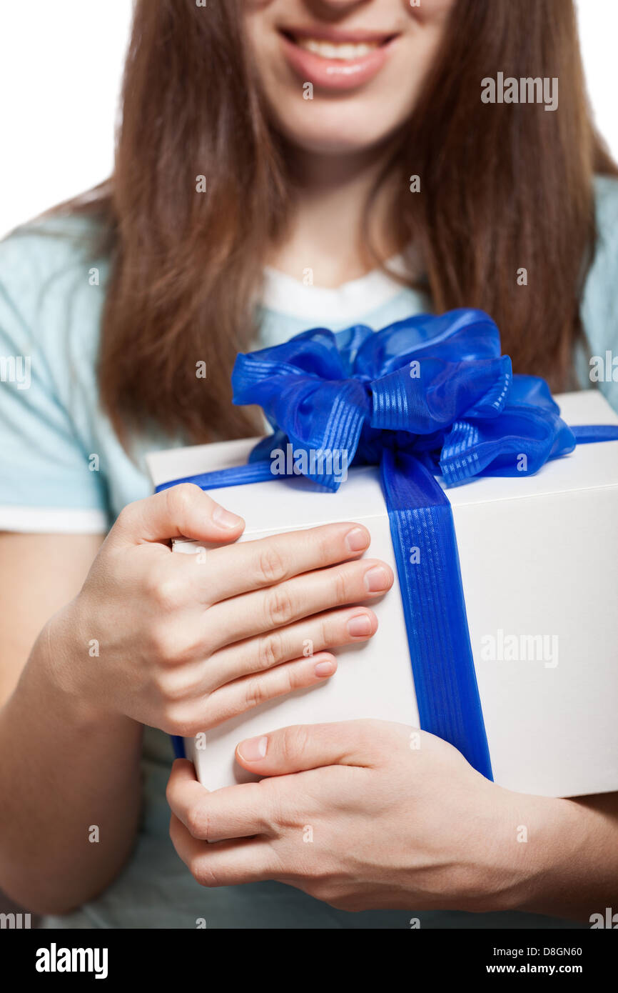 Woman holding blue gift hi-res stock photography and images - Alamy