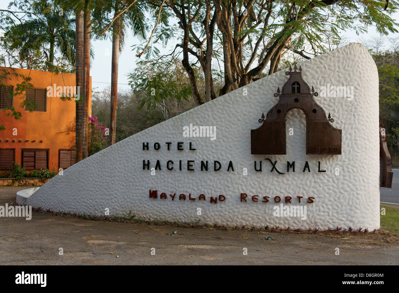 Sign at entrance to the Hotel Hacienda Uxmal near the Mayan ruins of ...