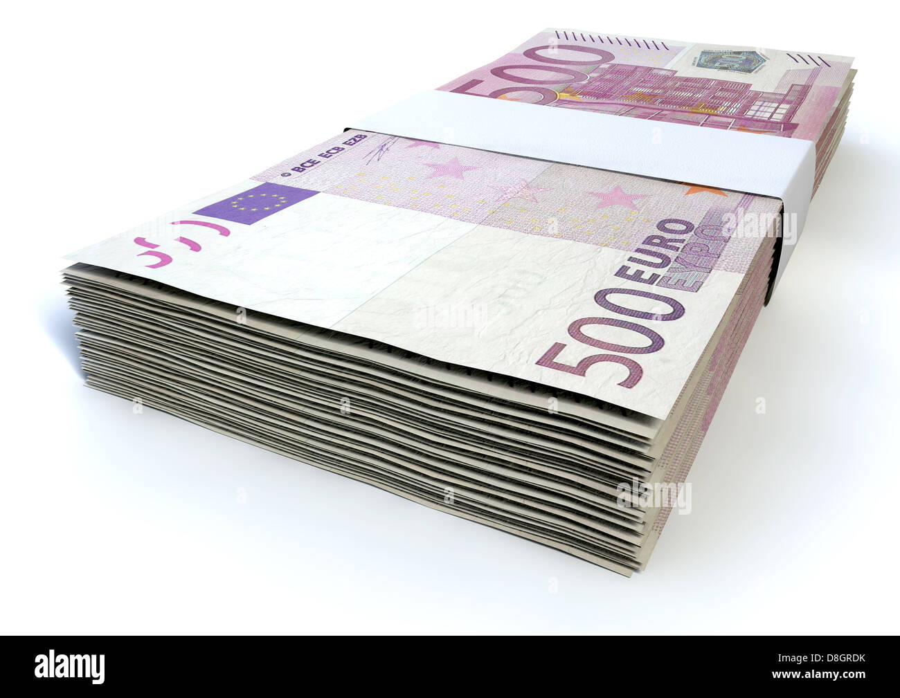 A stack of bundled five hundred euro notes on an isolated background ...