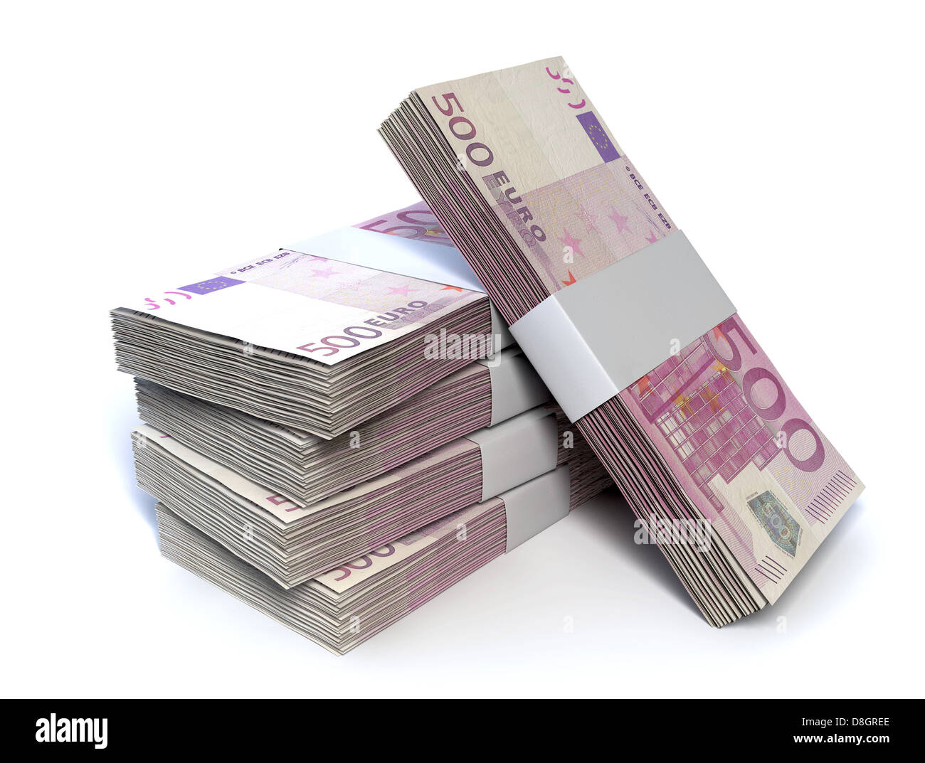 A stack of bundled five hundred euro notes on an isolated background ...