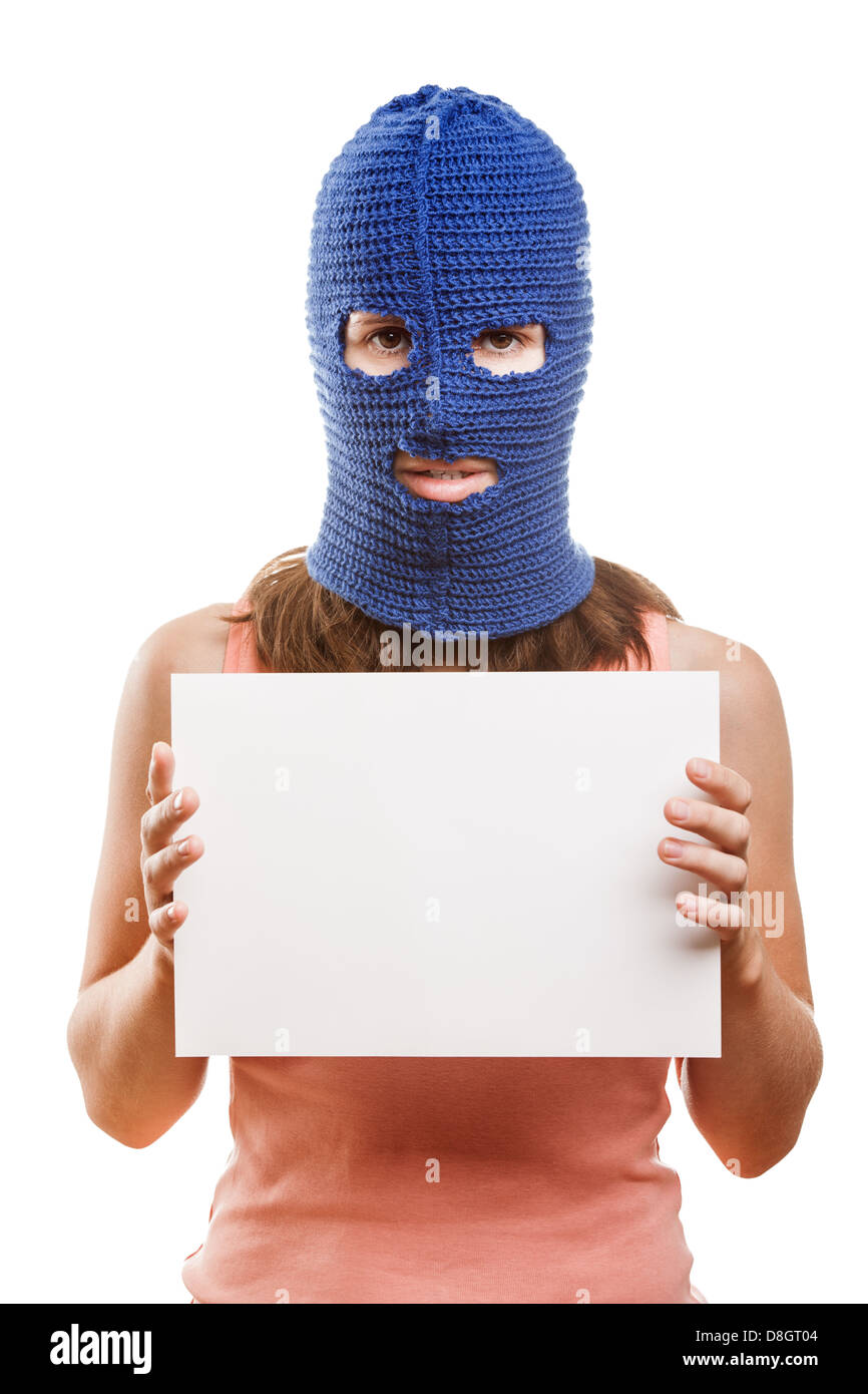 Woman in balaclava holding blank card Stock Photo - Alamy