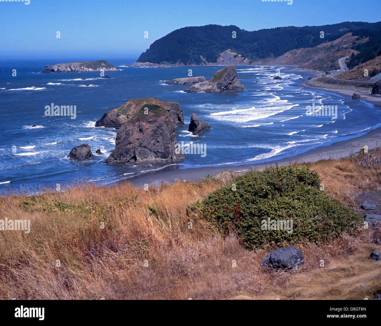 Shoreline featuring large rocks sticking up out of the sea, Pacific ...