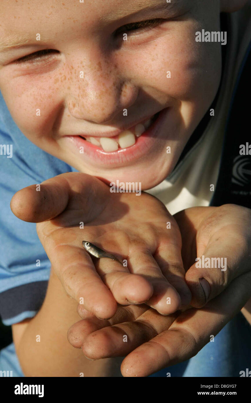 A young boy smiles as he holds a small fish in his hand, captured in a ...