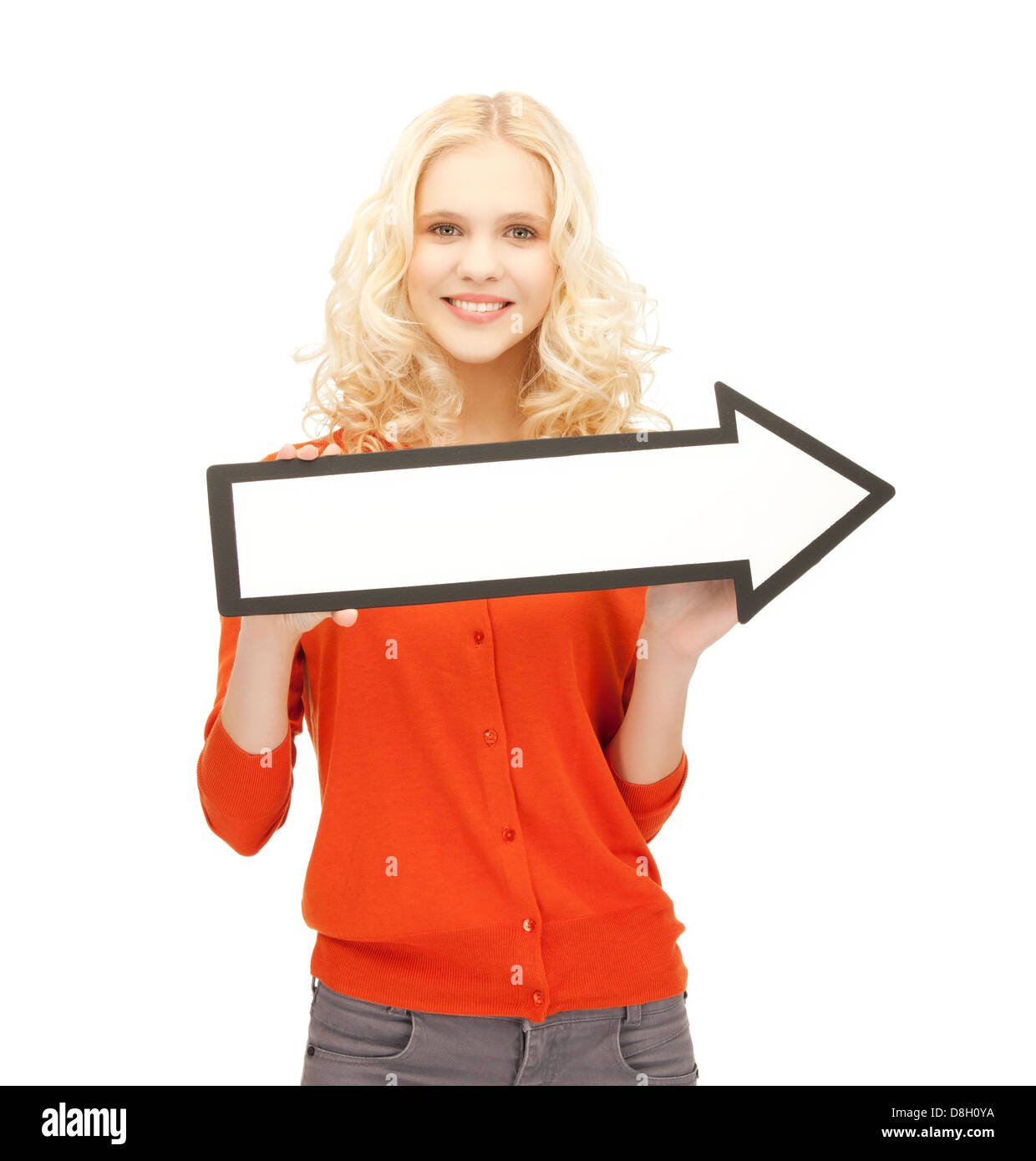 girl with direction arrow sign Stock Photo - Alamy