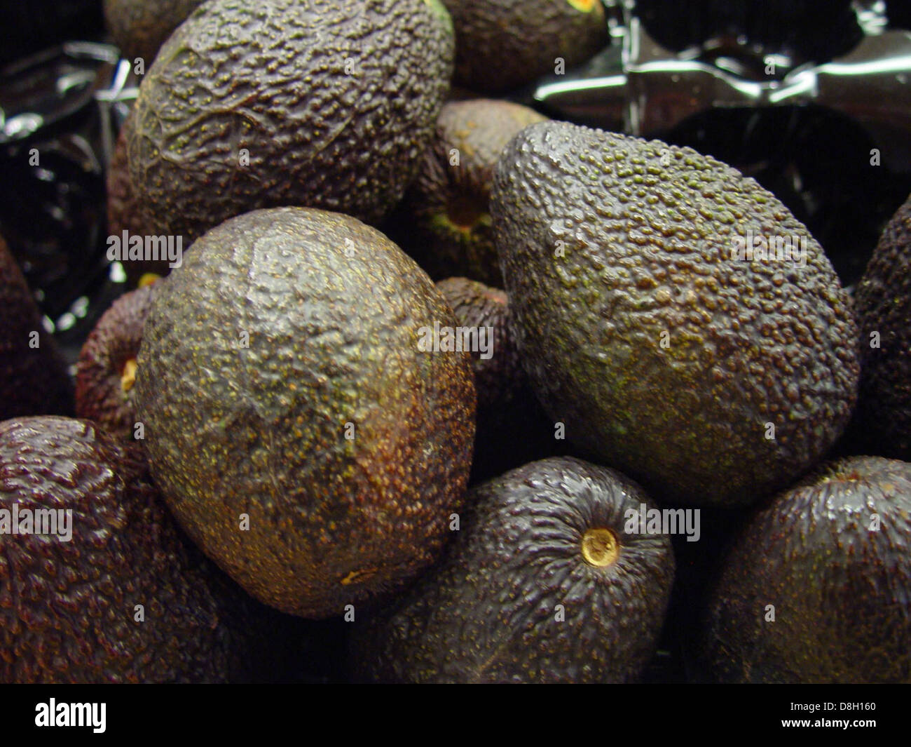 A close-up of dark avocados, showcasing their rough, bumpy skin and ...