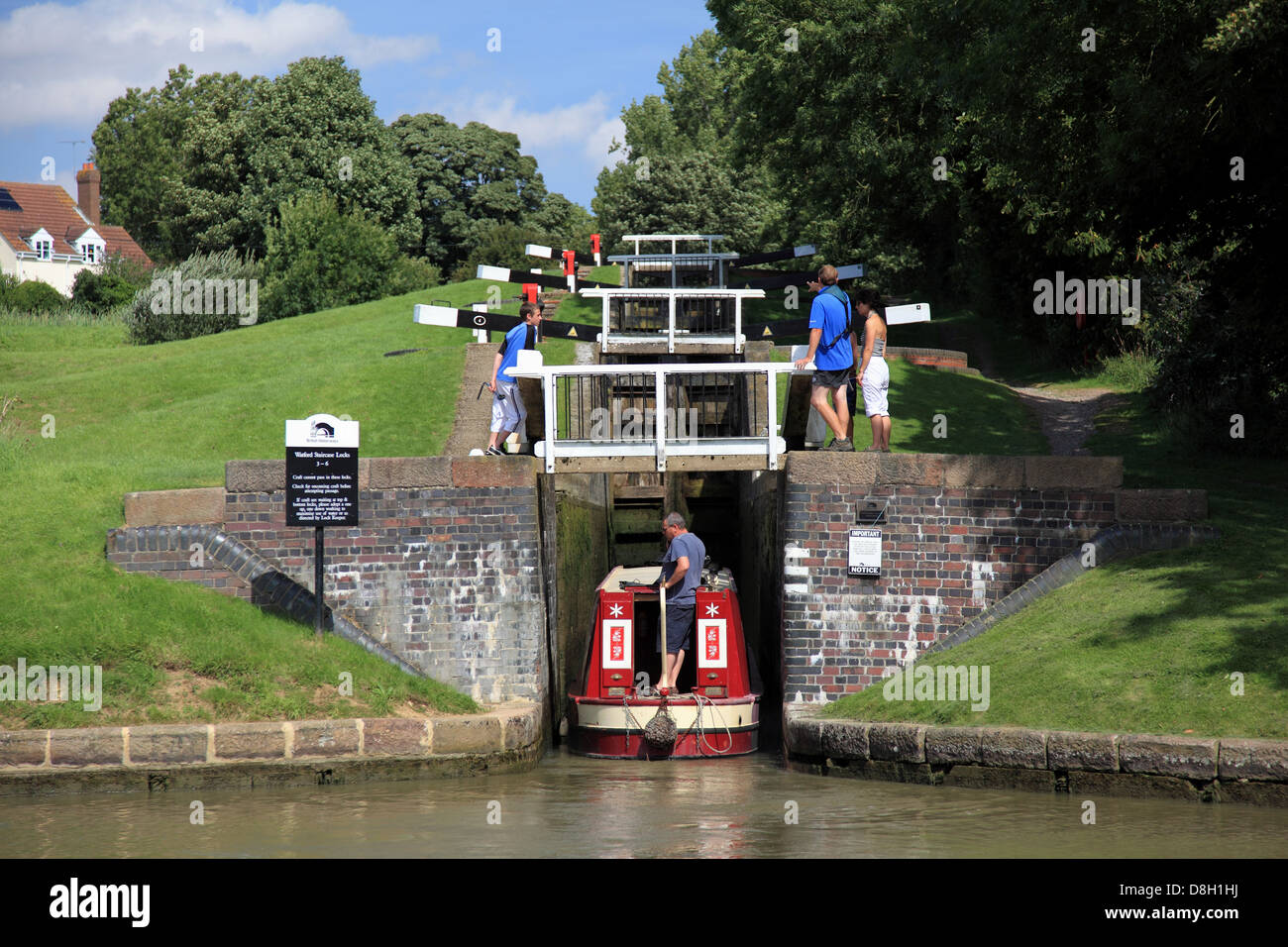 A narrowboat entering Lock 3, the bottom lock of the flight of Watford ...