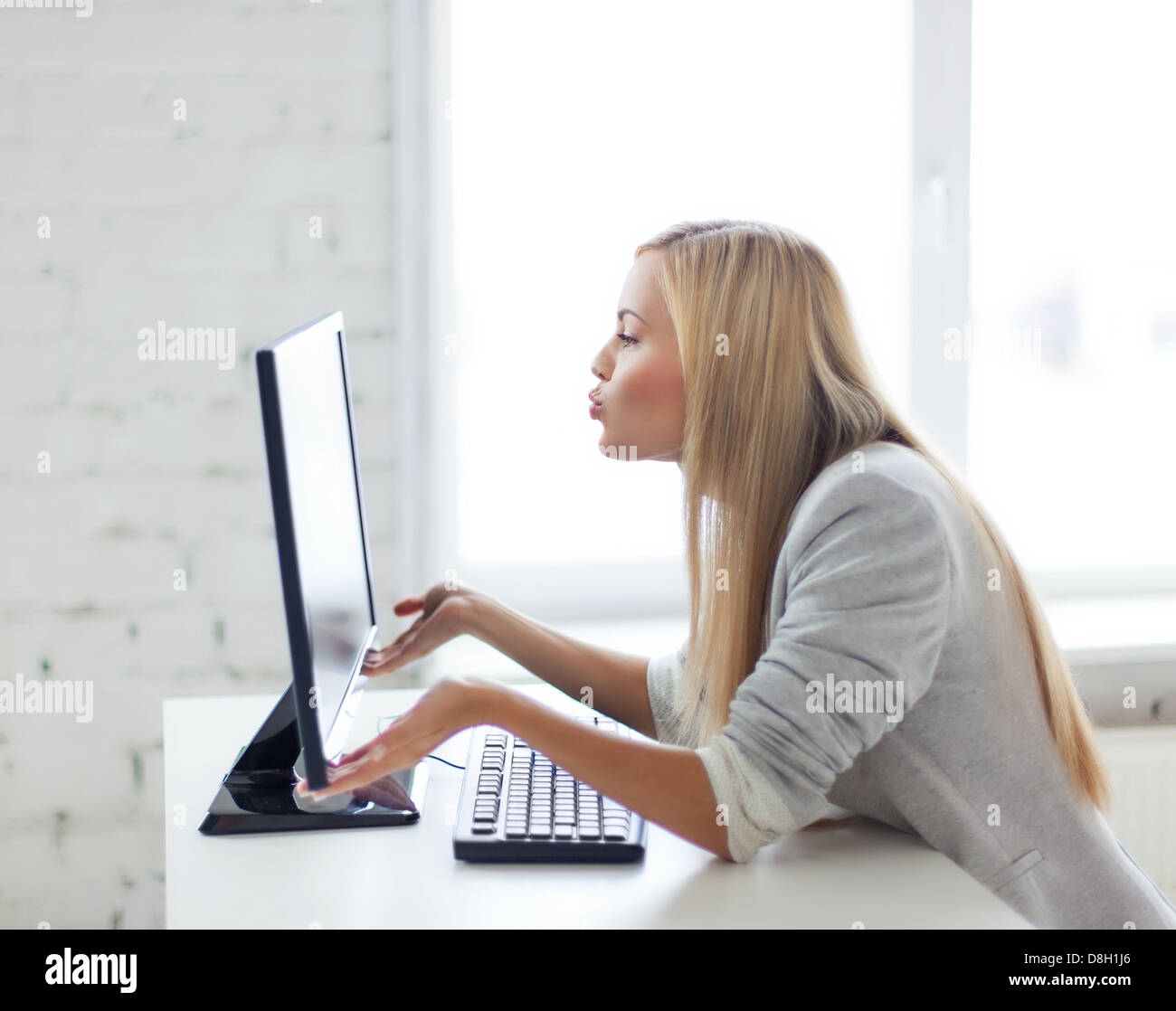happy woman with laptop computer Stock Photo - Alamy