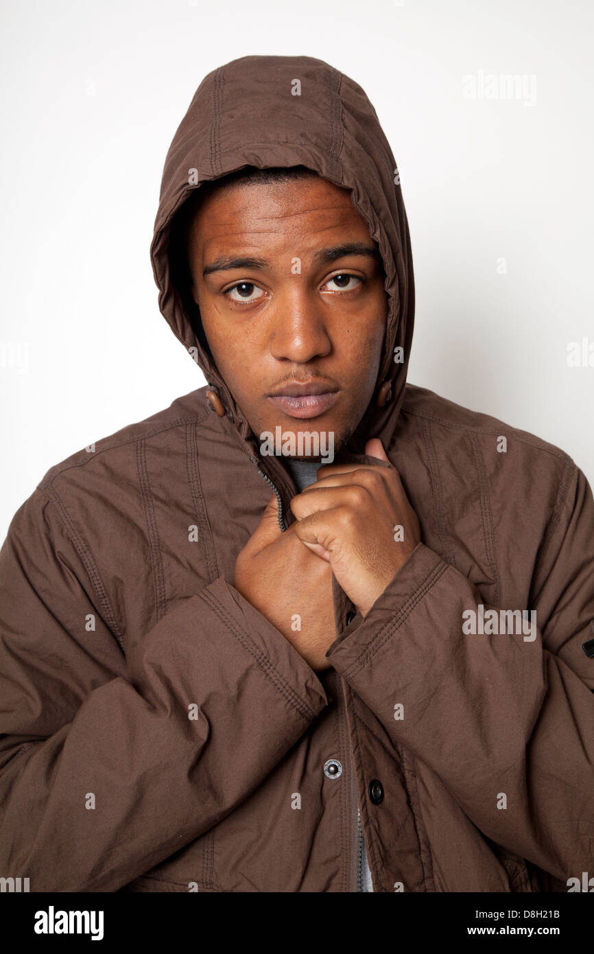 Black Casual male in Hooded Jacket Stock Photo - Alamy