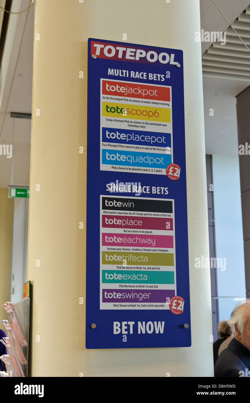 Colourful multi race bets notice display, Ascot Racecourse, Ascot, West ...