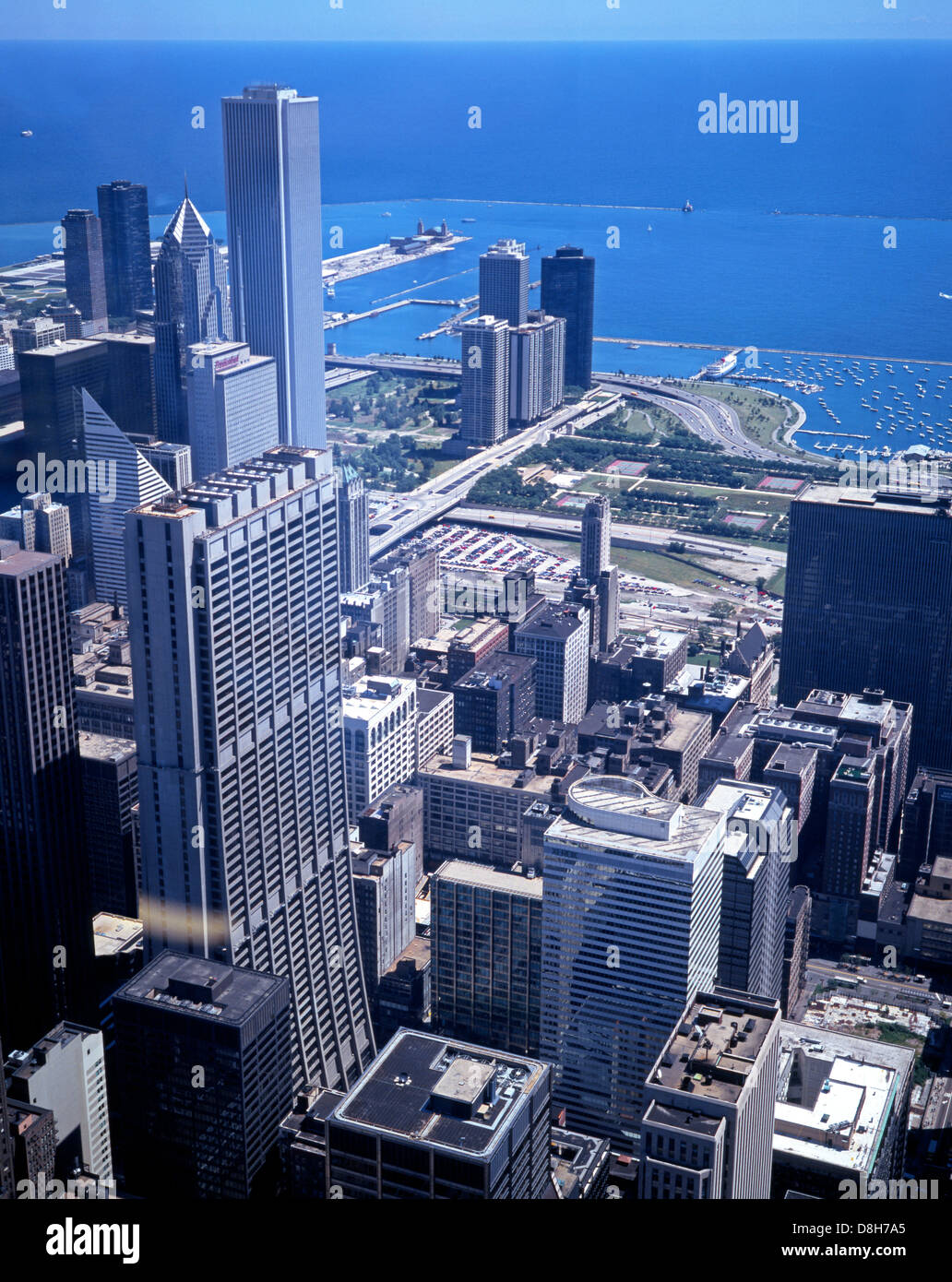Elevated view over city centre and other skyscrapers and the waterfront ...