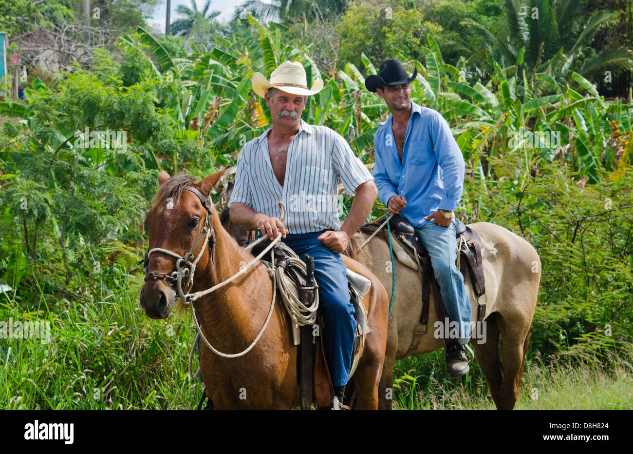 Trinidad Cuba real cowboys on horses riding on road portrait from ranch ...