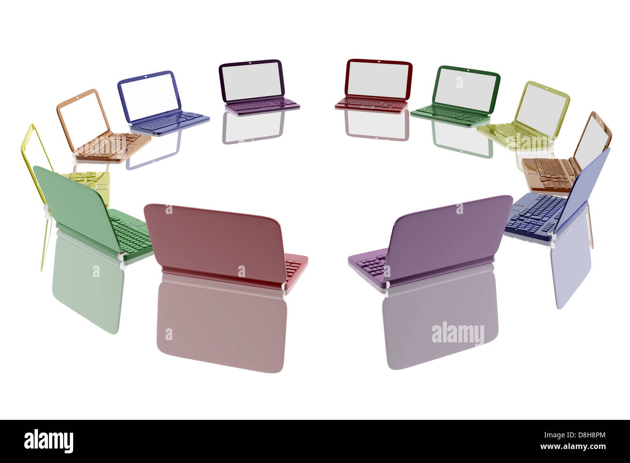 Multiple laptops in different colors forming a circle Stock Photo - Alamy
