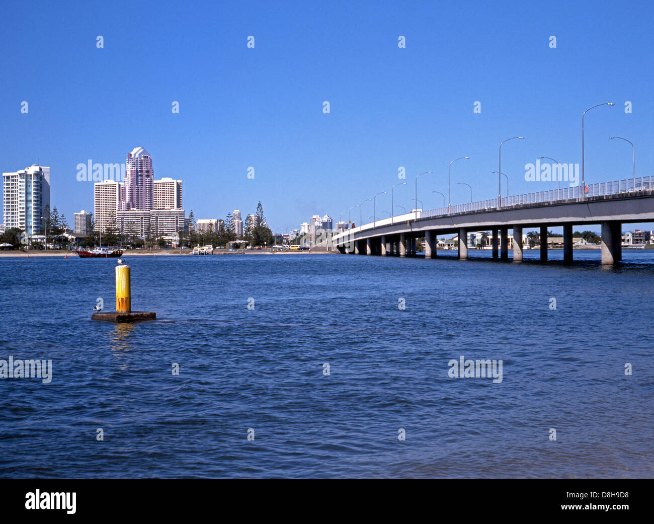 Nerang River, apartment blocks and road bridge, Surfers Paradise, Gold ...