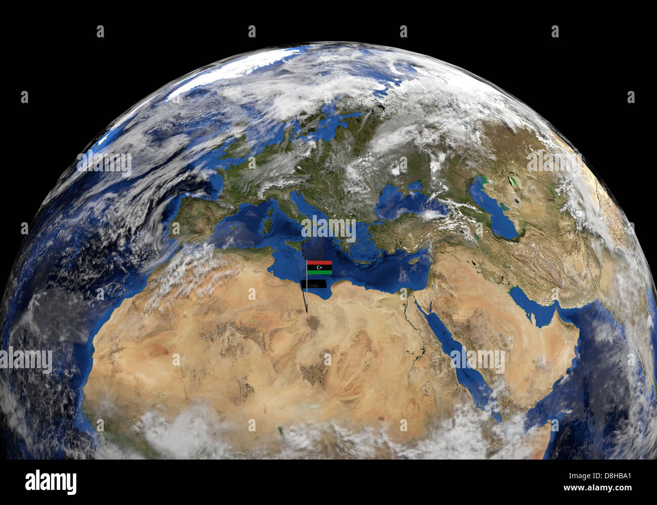 Libya flag on pole on earth globe illustration Stock Photo - Alamy