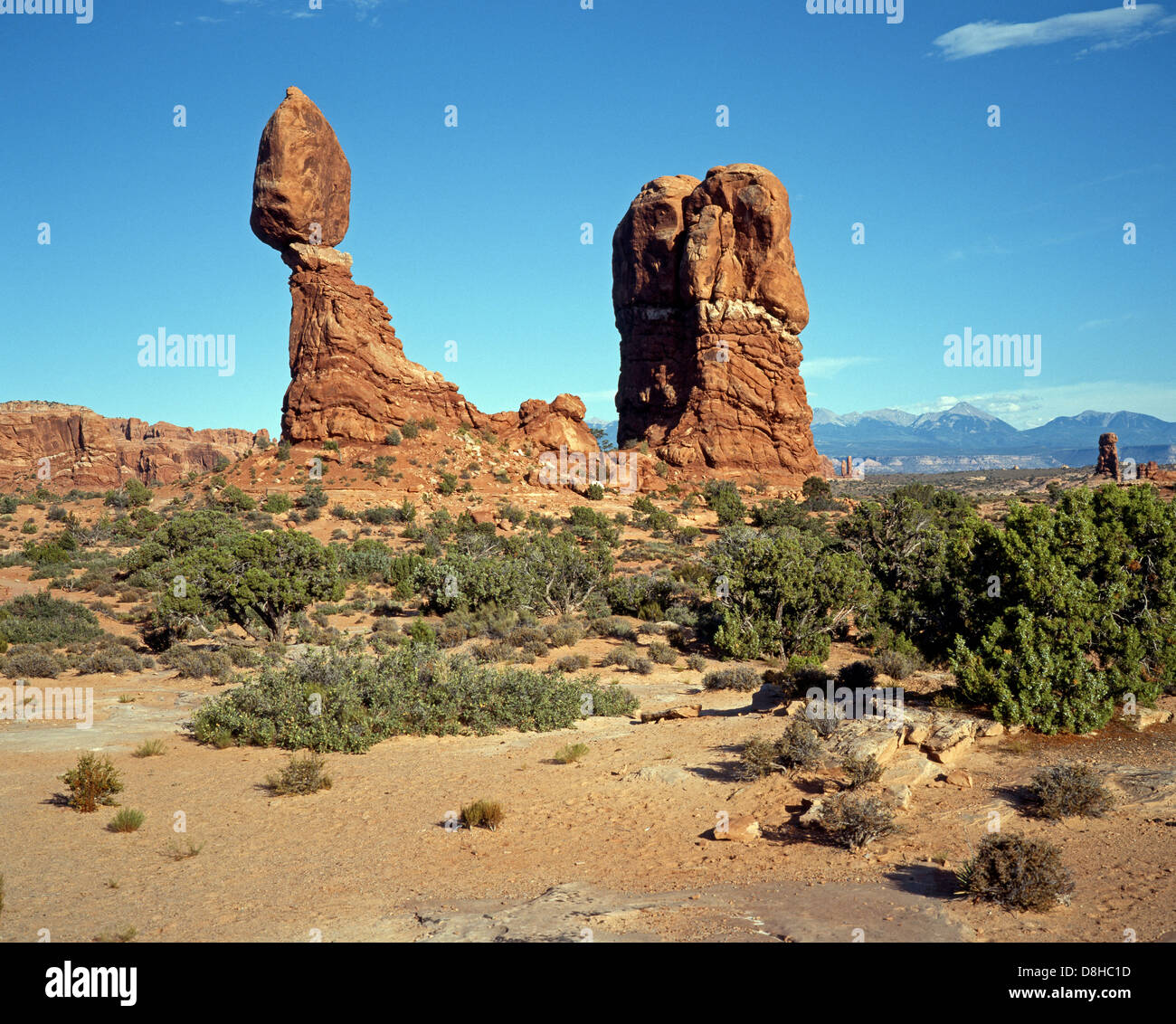 Balanced Rock, one of the tall narrow sandstone rock formations, Arches ...