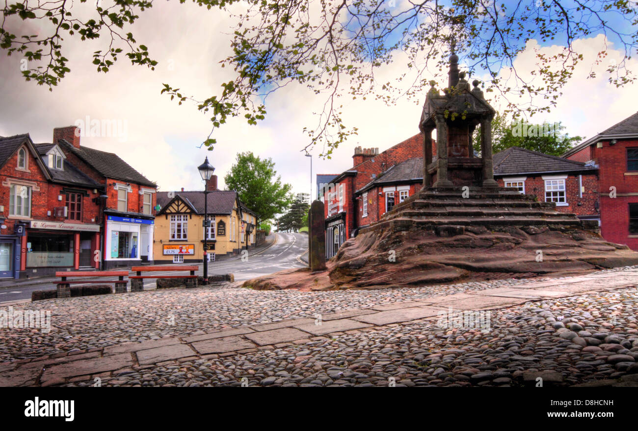 The Cross, Lymm in spring, showing cobbled area and square, Warrington ...