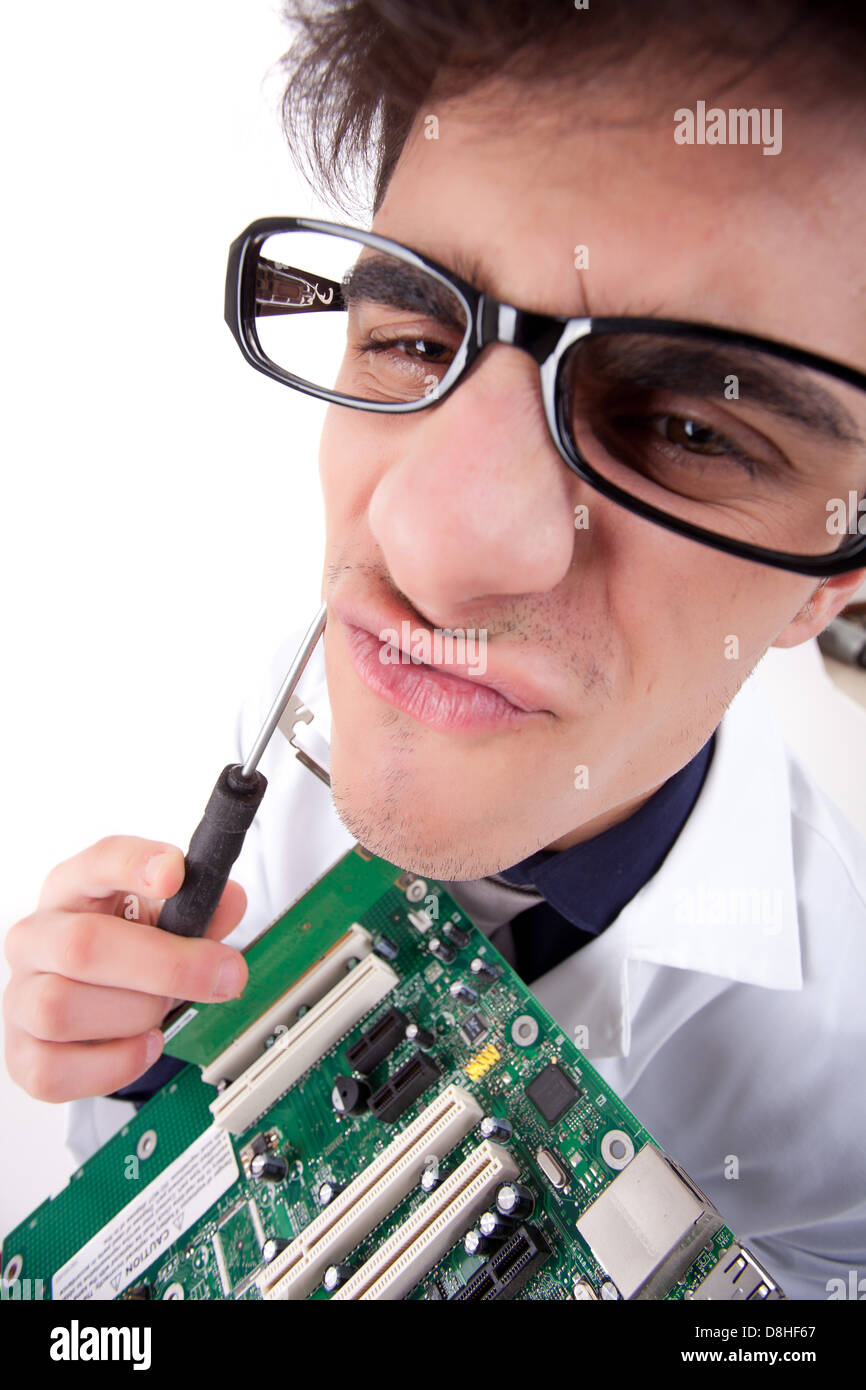 Computer engineer working on an old motherboard Stock Photo - Alamy