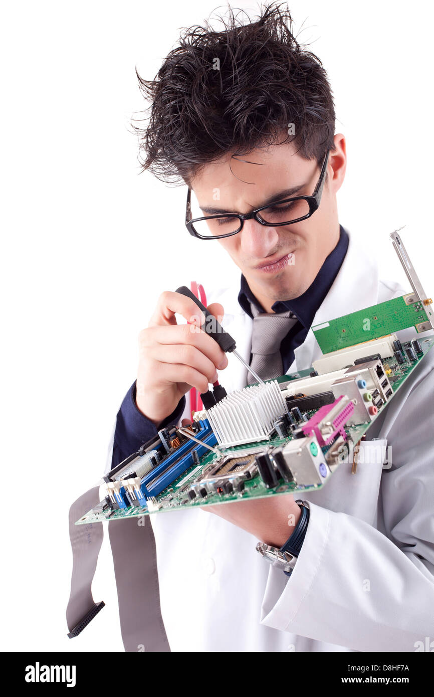 Computer engineer working on an old motherboard Stock Photo - Alamy