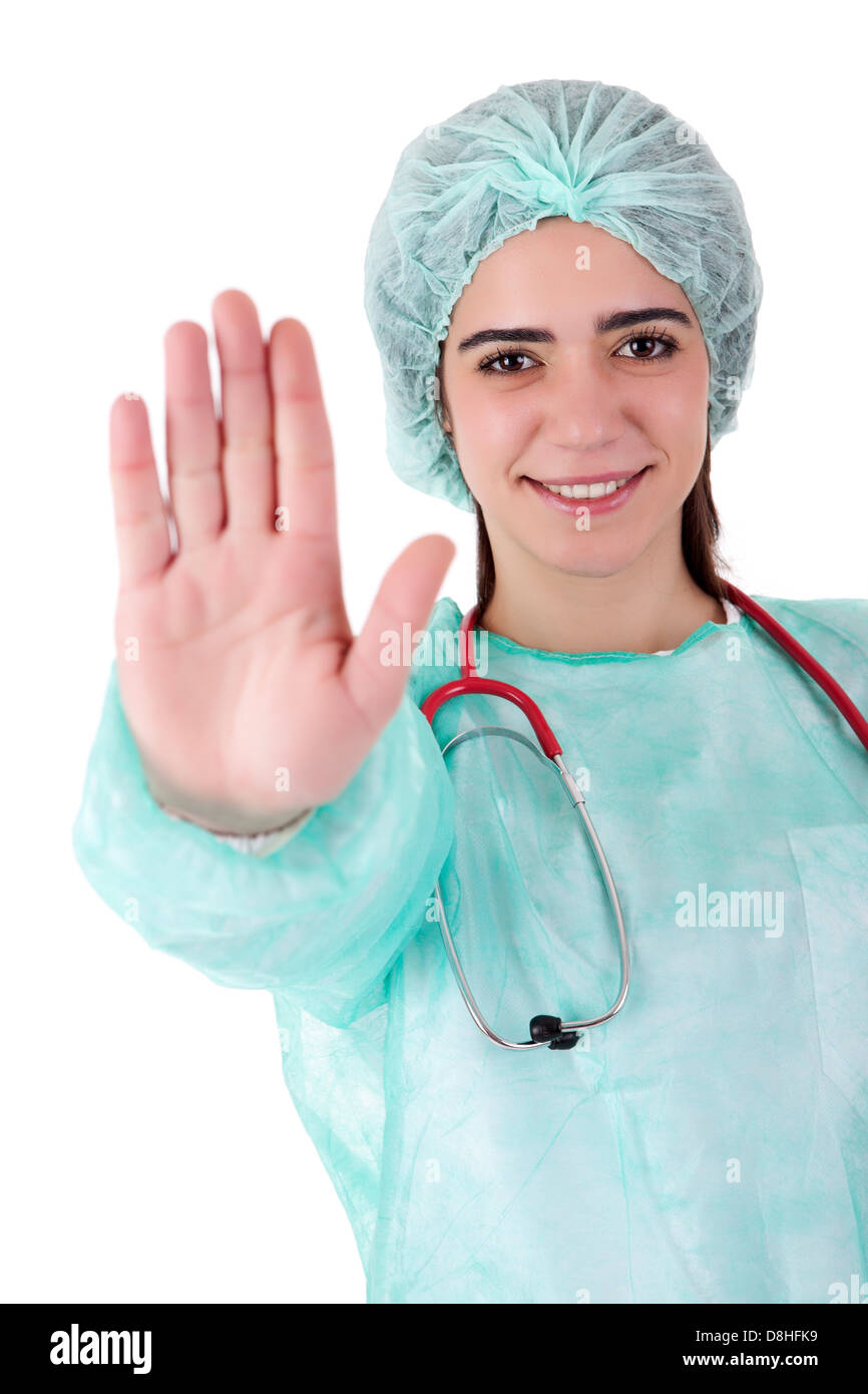 Young nurse making stop sign Stock Photo - Alamy