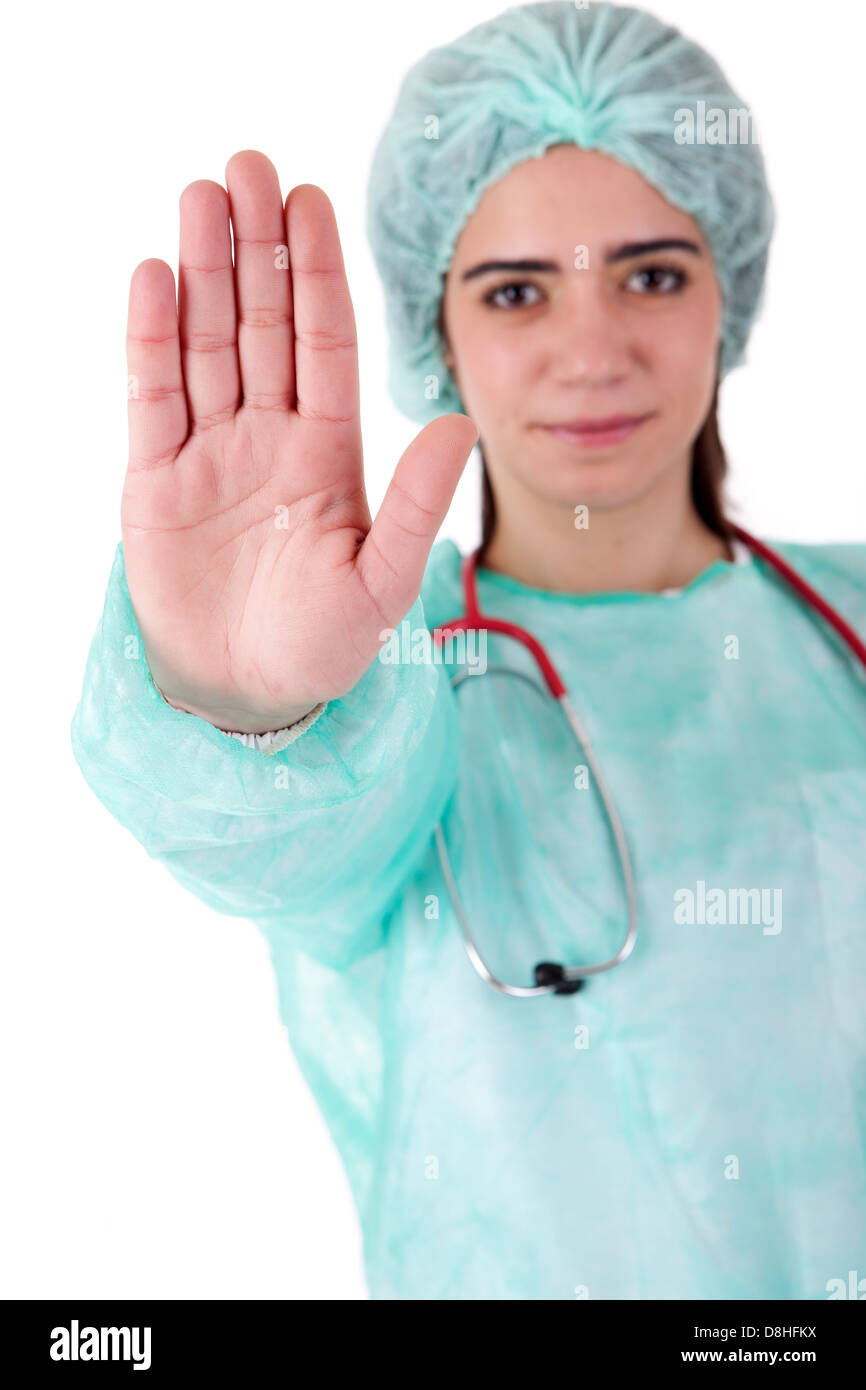 Young nurse making stop sign Stock Photo - Alamy