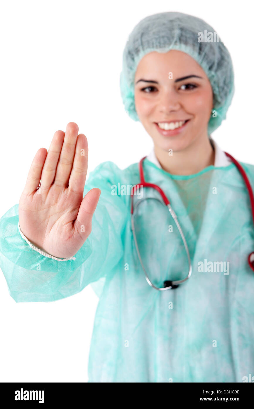 Young nurse making stop sign Stock Photo - Alamy