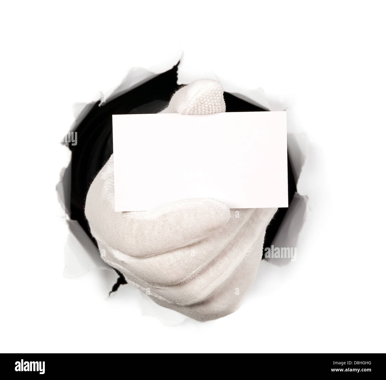 Man with gloves is showing blank card through a hole in white paper ...