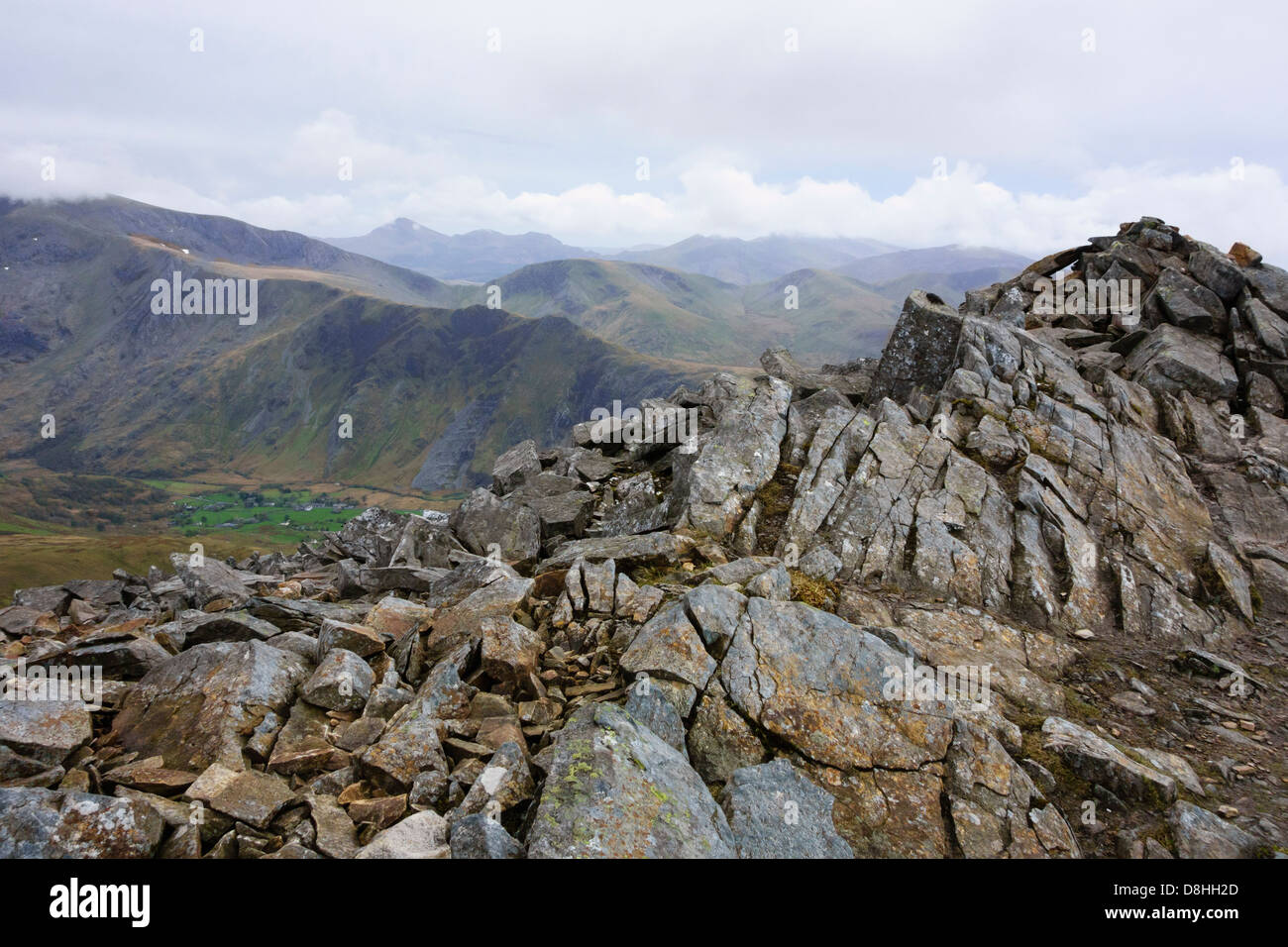 High view above Nant Peris in Llanberis Pass from rocky summit of ...