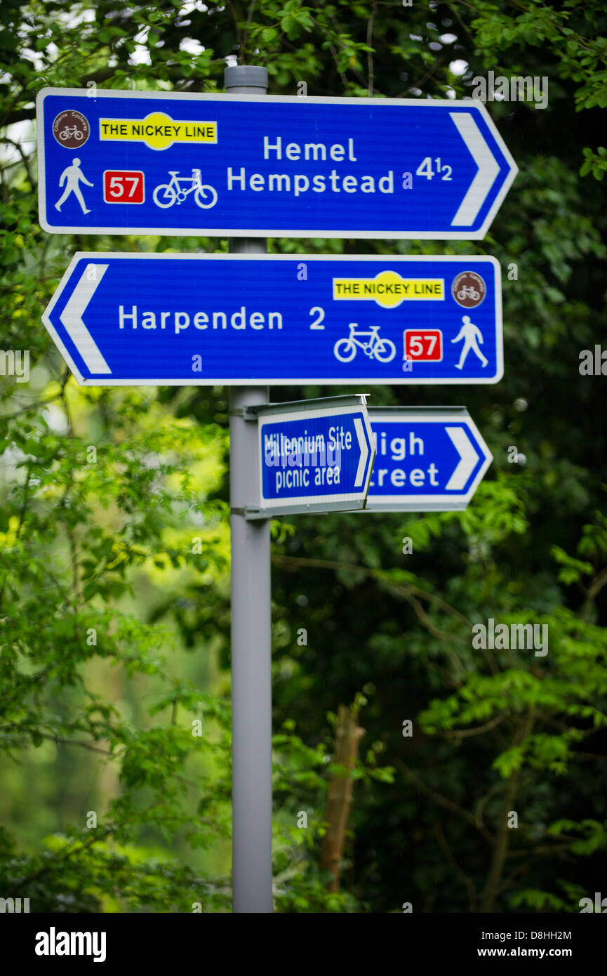A sign on the Nickey Line in Redbourn, UK, showing distances to Hemel ...
