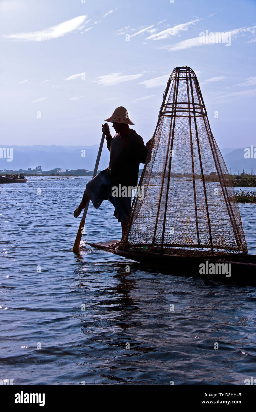 Lake Inle leg-rower with fishing net, Shan State, Myanmar Stock Photo ...