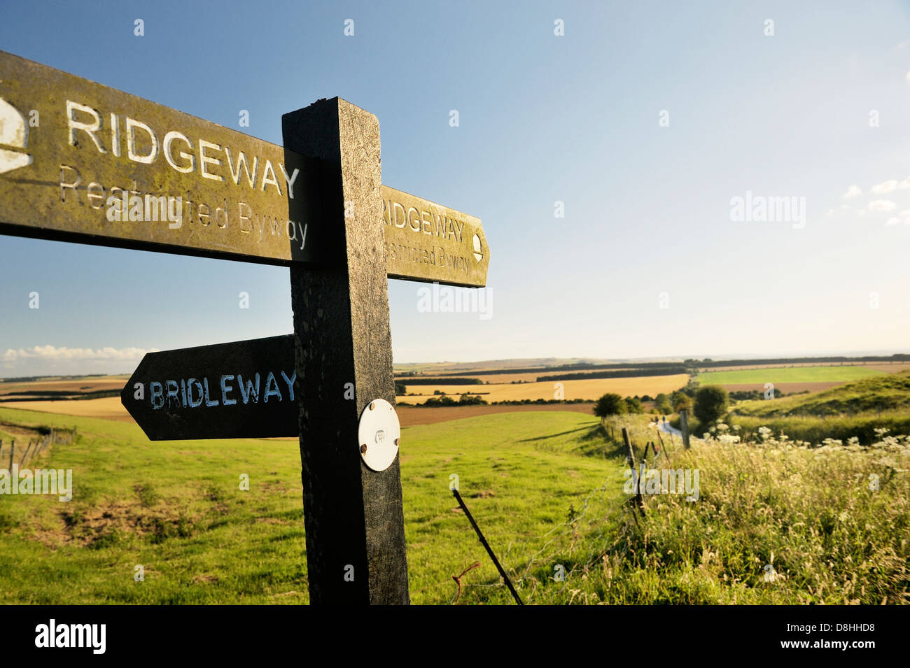 The Ridgeway. Sign on 5000 year old long distance path seen between ...