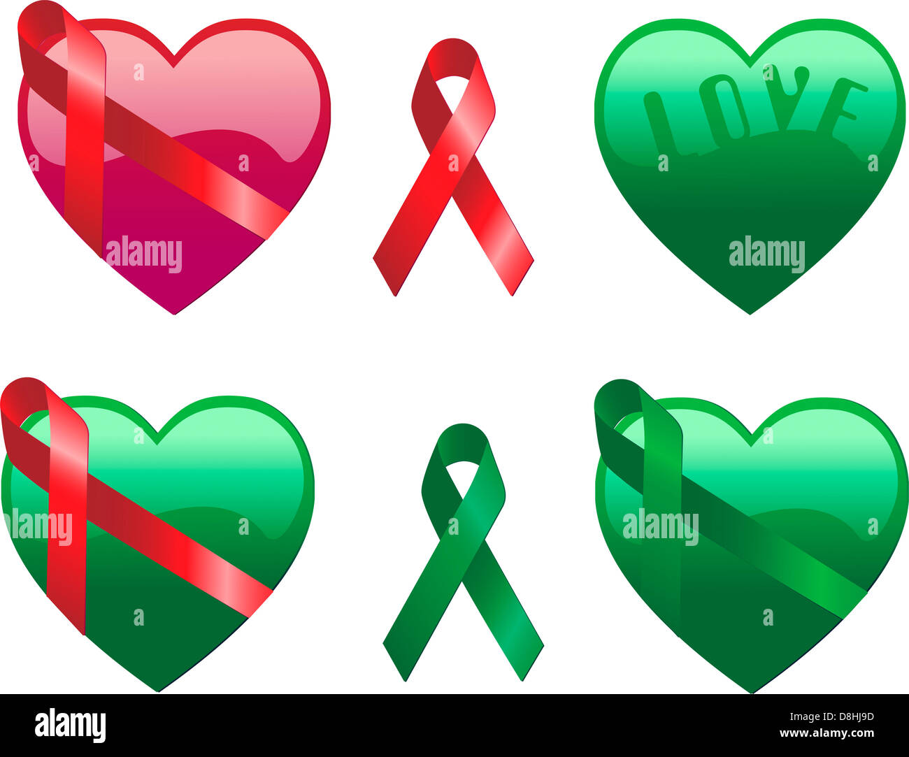 Hearts with Ribbons in red and green Stock Photo - Alamy