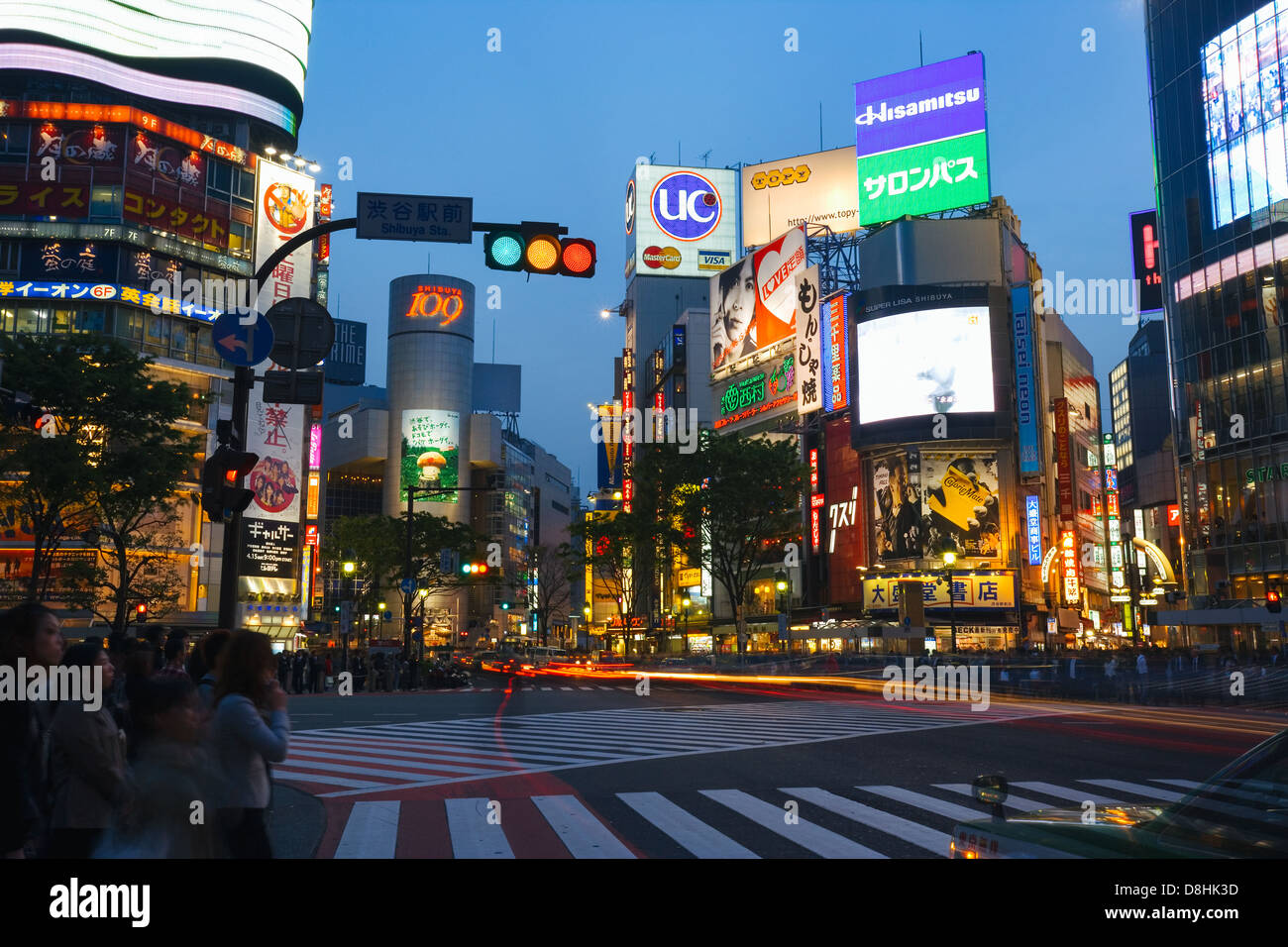 Asia, Japan, Honshu, Tokyo, Shibuya, Neon lights of Shibuya at dusk ...