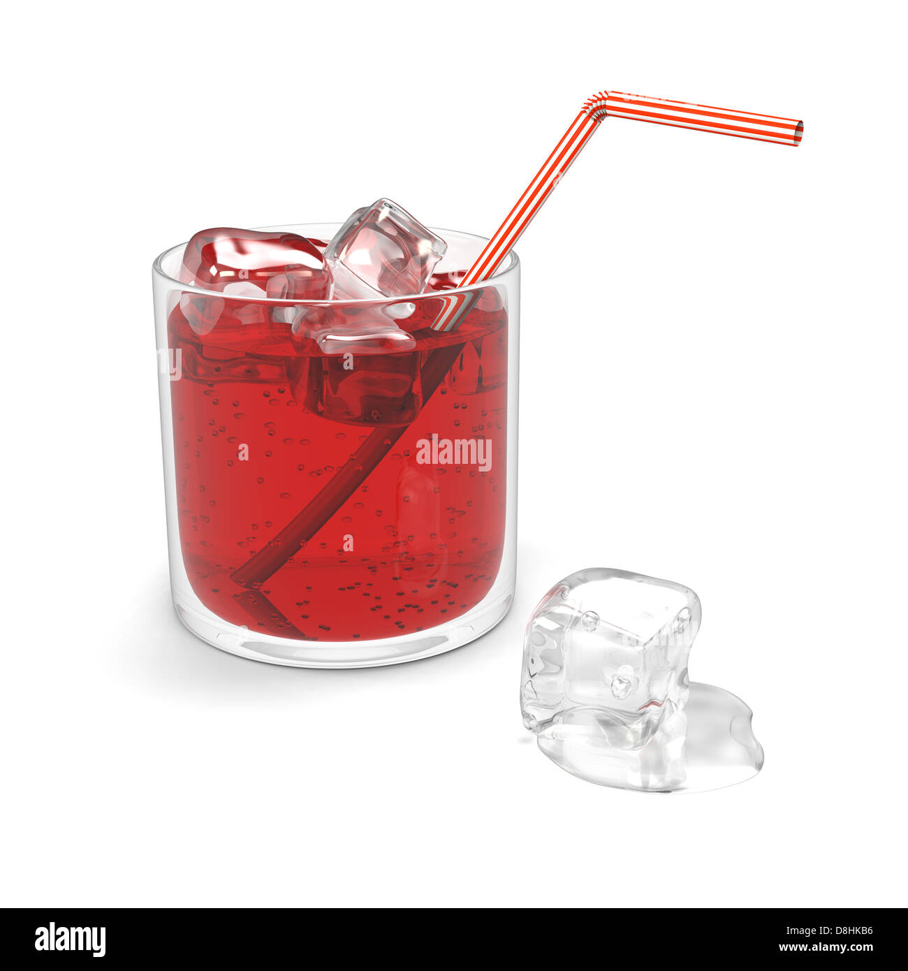 Glass of red sparkling water with ice and straw isolated on white ...