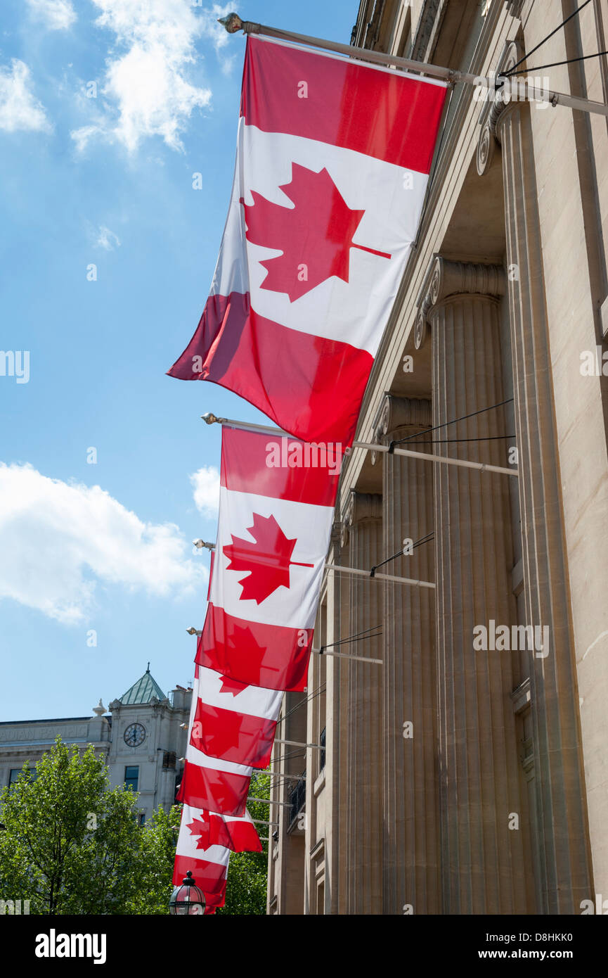 Canadian red maple leaf flags flying outside the Canadian High ...