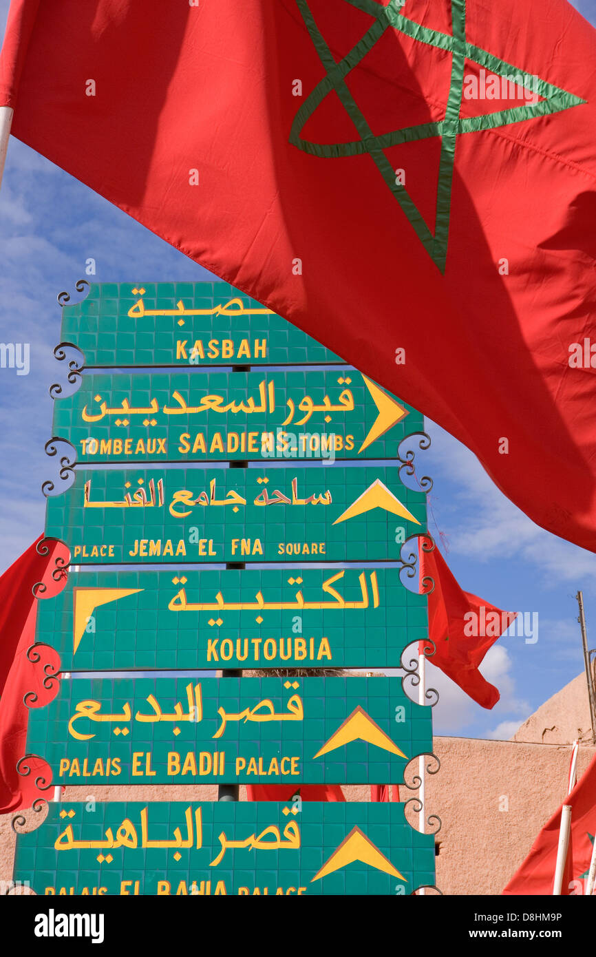 Moroccan flag and sign post, Marrakesh (Marrakech), Morocco, North ...
