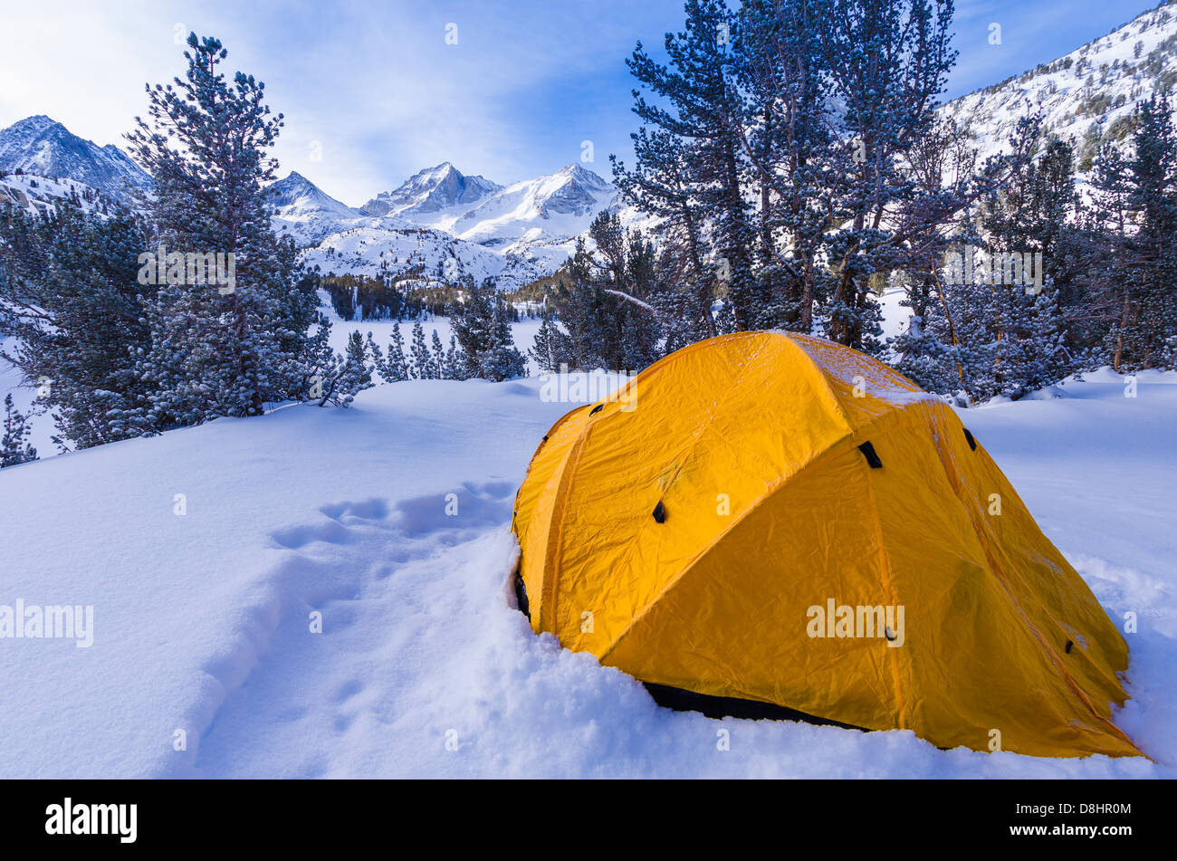 Yellow dome tent in winter, John Muir Wilderness, Sierra Nevada ...