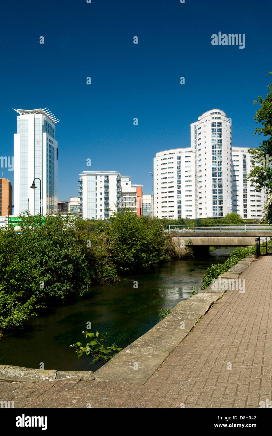 high rise blocks of flats and canal cardiff wales uk Stock Photo - Alamy