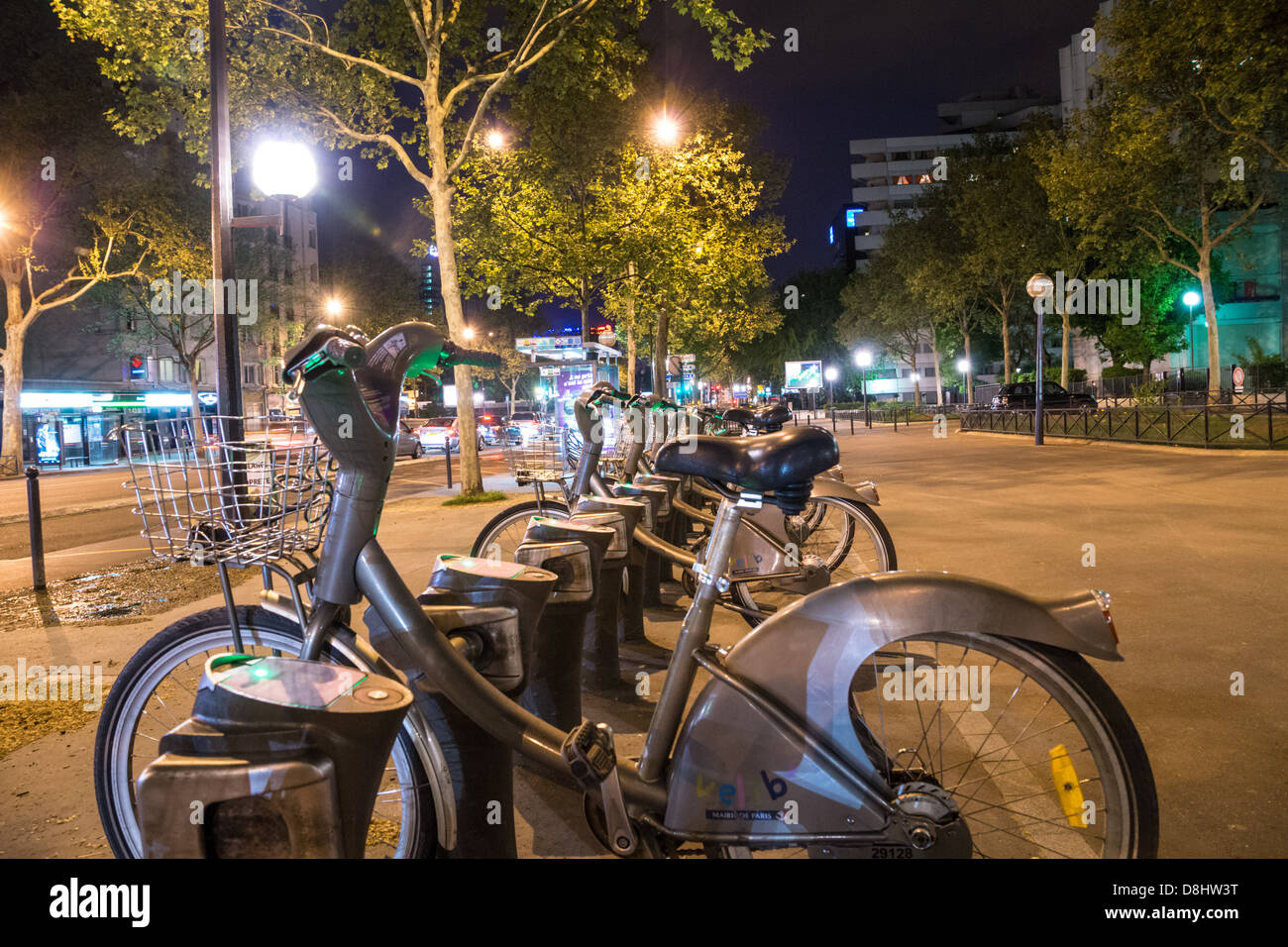 Paris, France. Vélib' (Bike rental scheme) stations at night Stock ...