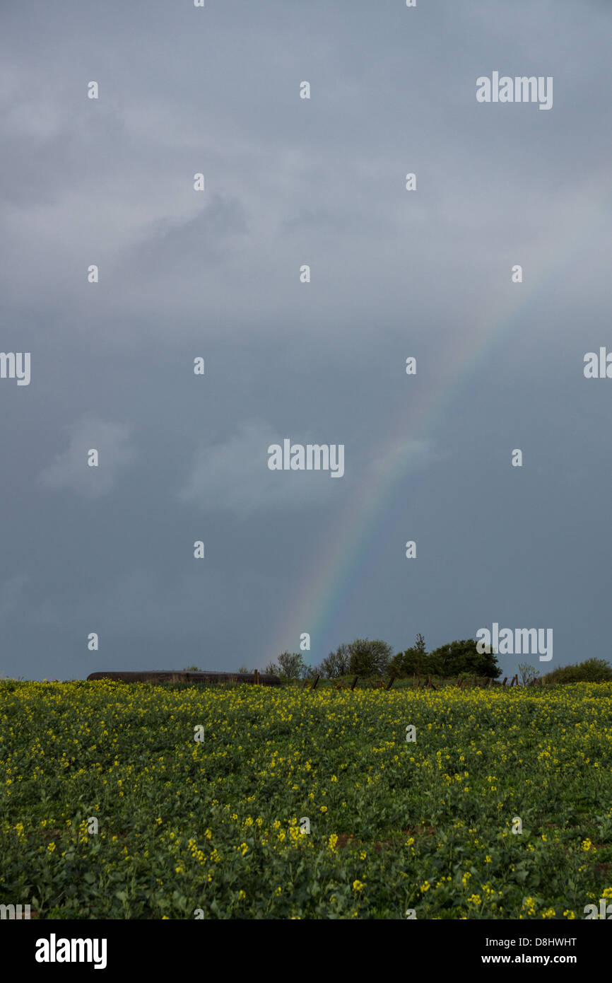 Normandy, France. Rainbow over the fire control bunker of the WWII-era ...
