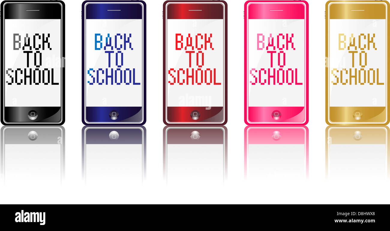 Set of 5 different colors modern phones with back to school message ...