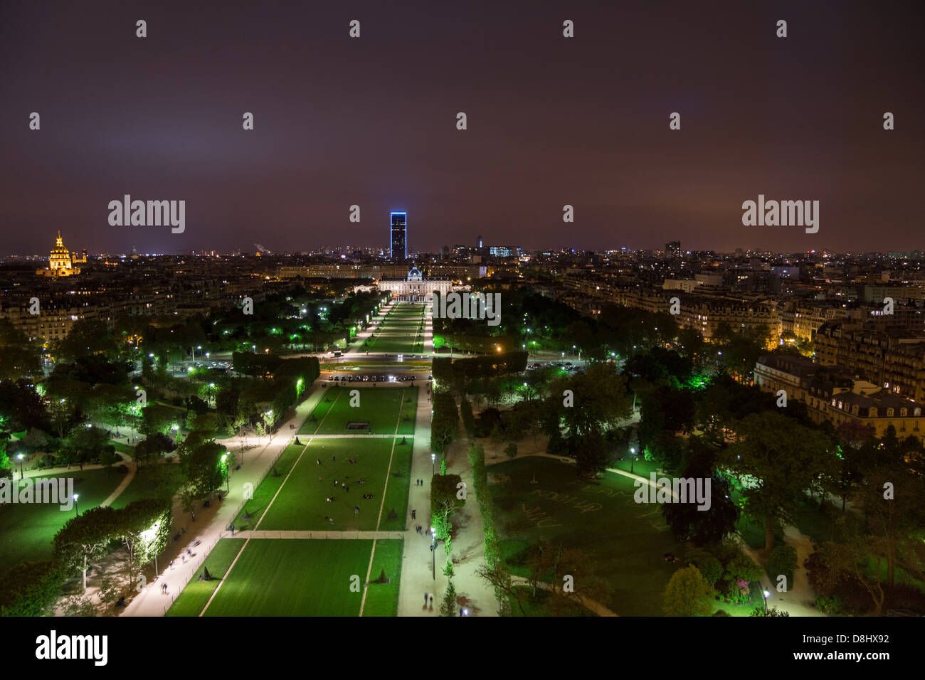 Paris, France. The Champ de Mars at night. montparnasse tower at the ...