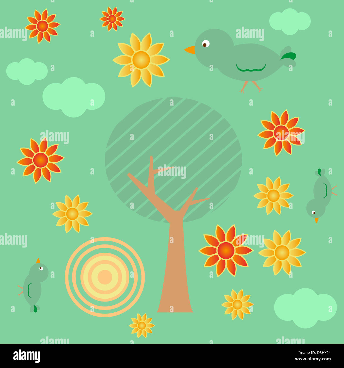 Retro style landscape with tree, sun and clouds Stock Photo - Alamy