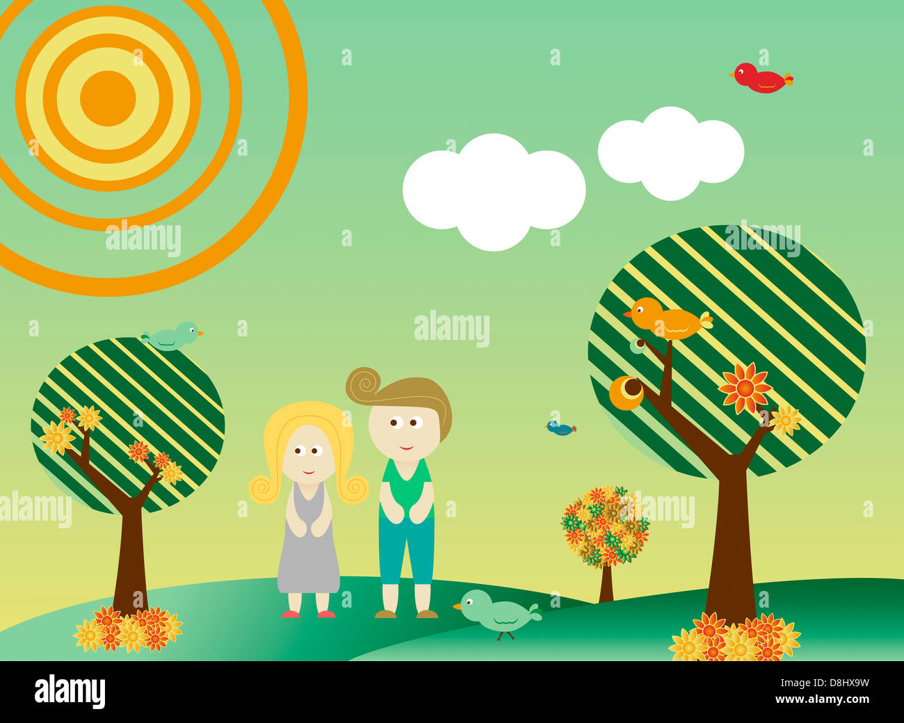 Retro style couple in a background with tree, sun, clouds, flowers and ...